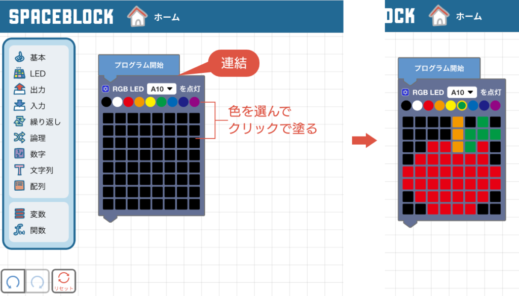 [SPACEBLOCK-4]プログラムの基本は順序よく！〜フルーツを電光表示 – 知りたい！プログラミングツール図鑑